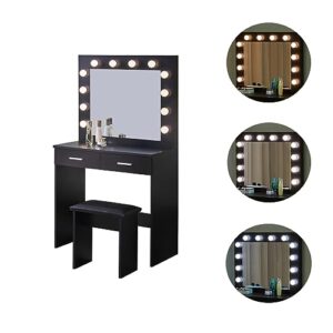 ofcasa vanity desk with mirror and lights, vanity set with 3 colors lights, makeup table with mirror and chair, adjustable nightstand, solid wood legs, bedroom dressing table (black)