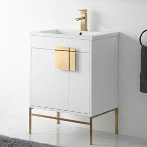 fine fixtures - modern white 24" bathroom vanity set, satin brass hardware, vireous china sink top