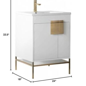 Fine Fixtures - Modern White 24" Bathroom Vanity Set, Satin Brass Hardware, Vireous China Sink Top