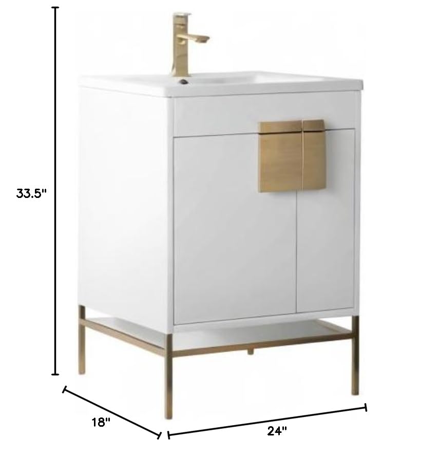 Fine Fixtures - Modern White 24" Bathroom Vanity Set, Satin Brass Hardware, Vireous China Sink Top