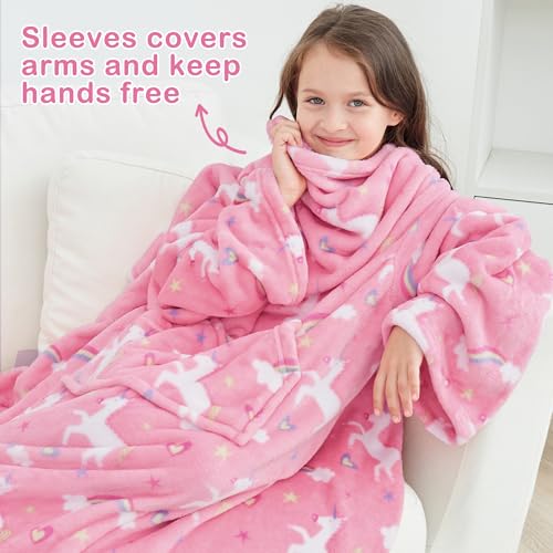 Wearable Fleece Blanket with Sleeves & Foot Pocket for Kids Boys Girls Children,Lightweight Soft Blanket with Sleeves and Hook & Loop 48" x 48" Pink Unicorn