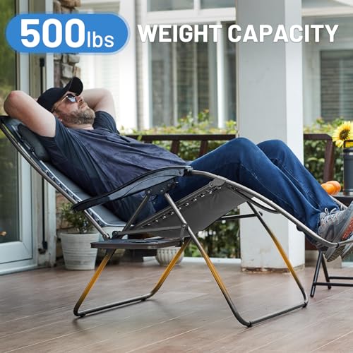 TIMBER RIDGE Oversized Zero Gravity Chair, 33In Wide XXL Zero Gravity Reclining Chair with Side Table, Full Padded Lounge Chair for Outdoor Camping Patio Lawn, Heavy Duty Supports 500lbs, Grey-1 Pack