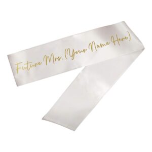 andaz press bachelorette party sash, bride party sash, wedding party sash future mrs. [your name here], gold foil custom personalized name text, satin white ribbon, includes diamond pin