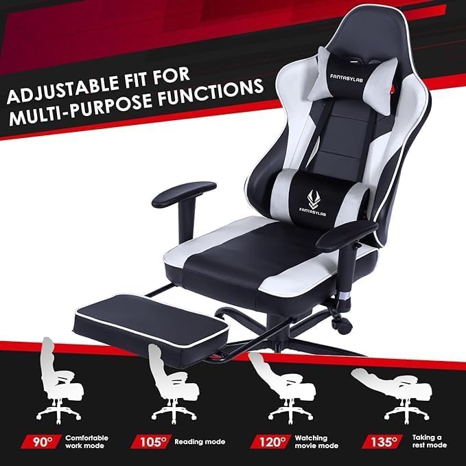 Fantasylab Gaming Chairs for Adults,Computer Chair with Massage Lumbar Support and Retractible Footrest, High Back Ergonomic Computer Chair,Adjustable Armrests and Backrest (Black)