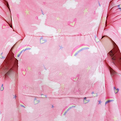 Wearable Fleece Blanket with Sleeves & Foot Pocket for Kids Boys Girls Children,Lightweight Soft Blanket with Sleeves and Hook & Loop 48" x 48" Pink Unicorn