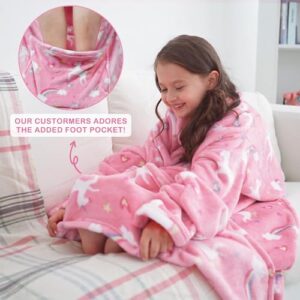 Wearable Fleece Blanket with Sleeves & Foot Pocket for Kids Boys Girls Children,Lightweight Soft Blanket with Sleeves and Hook & Loop 48" x 48" Pink Unicorn