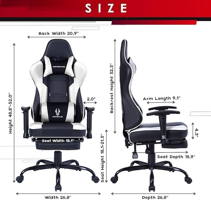 Fantasylab Gaming Chairs for Adults,Computer Chair with Massage Lumbar Support and Retractible Footrest, High Back Ergonomic Computer Chair,Adjustable Armrests and Backrest (Black)