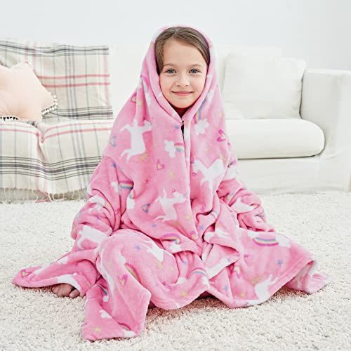 Wearable Fleece Blanket with Sleeves & Foot Pocket for Kids Boys Girls Children,Lightweight Soft Blanket with Sleeves and Hook & Loop 48" x 48" Pink Unicorn