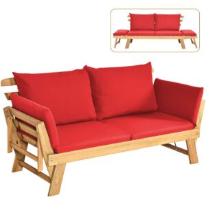 tangkula acacia wood patio convertible couch sofa bed with adjustable armrest, outdoor daybed with cushion & pillow, folding chaise lounge bench ideal for porch courtyard poolside (red)