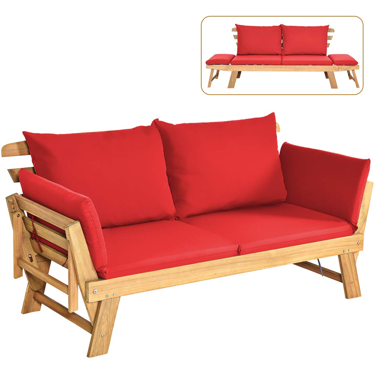 Tangkula Acacia Wood Patio Convertible Couch Sofa Bed with Adjustable Armrest, Outdoor Daybed with Cushion & Pillow, Folding Chaise Lounge Bench Ideal for Porch Courtyard Poolside (Red)