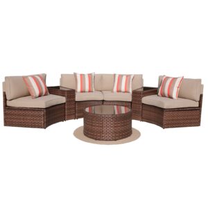 sunsitt 7 pieces patio furniture set outdoor half-moon sectional set with waterproof sofa cover, brown pe wicker & beige cushion