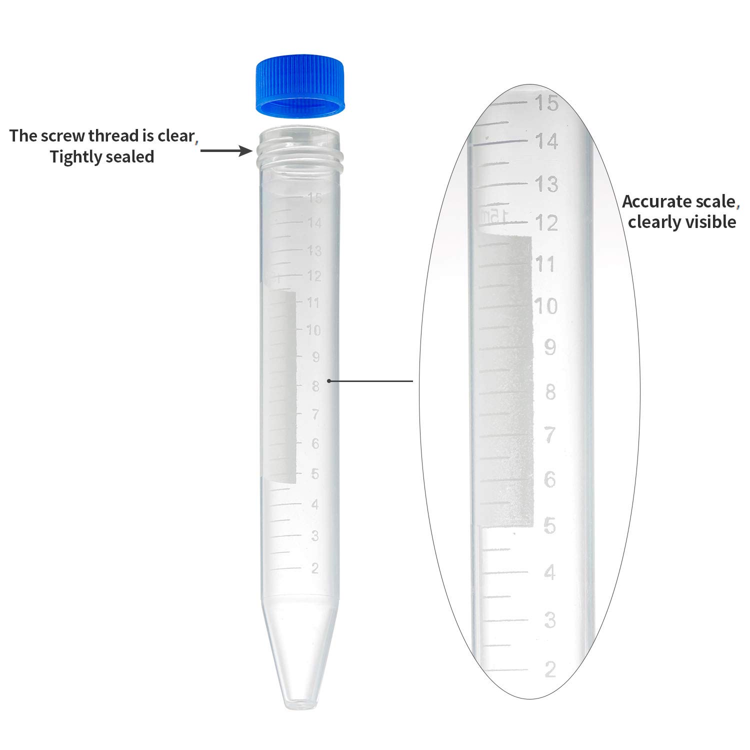 Ackers Conical Centrifuge Tubes 15mL, 100 Pcs Sterile Plastic Test Tubes with Screw Caps, Polypropylene Container with Graduated and Write-on Spot, Non-Pyrogenic, DN/RNase Free