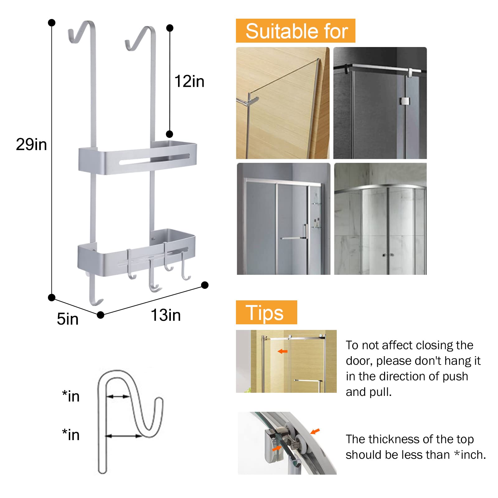 UIFER Shower Caddy Over The Door, Rustproof Aluminum Shower Caddy, Shower Door Storage Organizer with a Suction Cup, Hooks and Basket