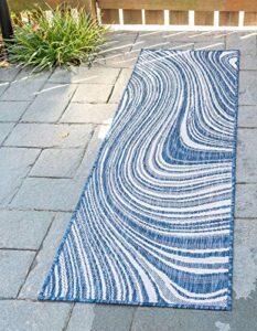 unique loom outdoor modern collection area rug - pool (2' x 6' 1" runner, blue/ ivory)