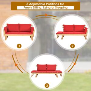 Tangkula Acacia Wood Patio Convertible Couch Sofa Bed with Adjustable Armrest, Outdoor Daybed with Cushion & Pillow, Folding Chaise Lounge Bench Ideal for Porch Courtyard Poolside (Red)