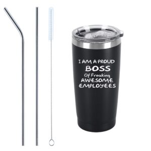 cosictic i am a proud boss of freaking awesome employees travel tumbler, funny birthday bosses day gift for men boss manager director leader, 20 oz insulated stainless steel tumbler with lid, black