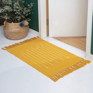 Wolala Home Bohemian Geometric Mustard Rug Hand Woven Cotton Rugs Entry Way Rug Rag Rug with Tassels and Non-Slip Mats Modern Floor Mat for Door Porch Kitchen 2x3 Feet,Machine Washable Yellow