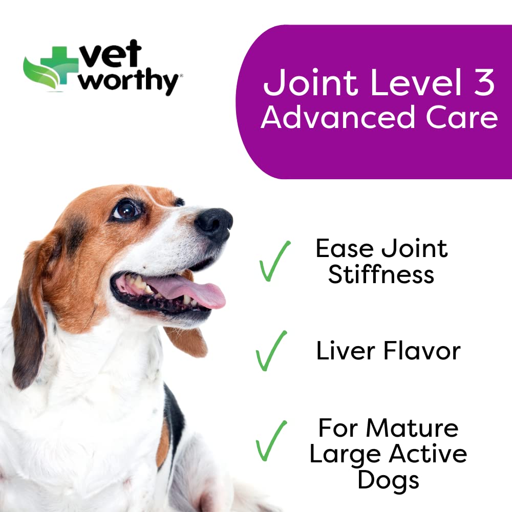 Vet Worthy Joint Support Level 3 - Chewable Tablet to Support Bone Health and Healthy Joints - Dog Supplement with Glucosamine, MSM, Hyaluronic Acid, Advanced Joint Care - Liver Flavor, 90-Count