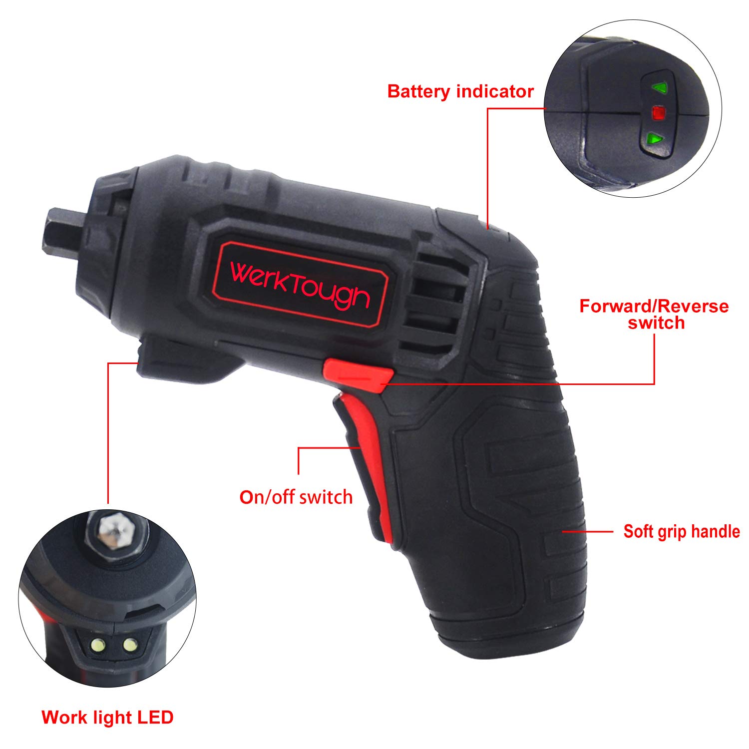 Werktough 4V Cordless Screwdriver Rechargeable 1500mAh Electric Screwdriver Set with 4 Changeable Heads for Cutting 90°Conversion Eccentric and Torque Adjustable Quick USB Charger