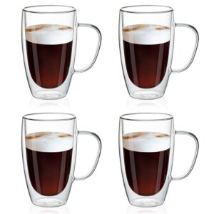 meway 16oz/4 pack coffee mugs,thickened clear glass double wall cup with handle for coffee, tea, latte, cappuccino (16 oz，4)