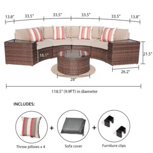 SUNSITT 7 Pieces Patio Furniture Set Outdoor Half-Moon Sectional Set with Waterproof Sofa Cover, Brown PE Wicker & Beige Cushion