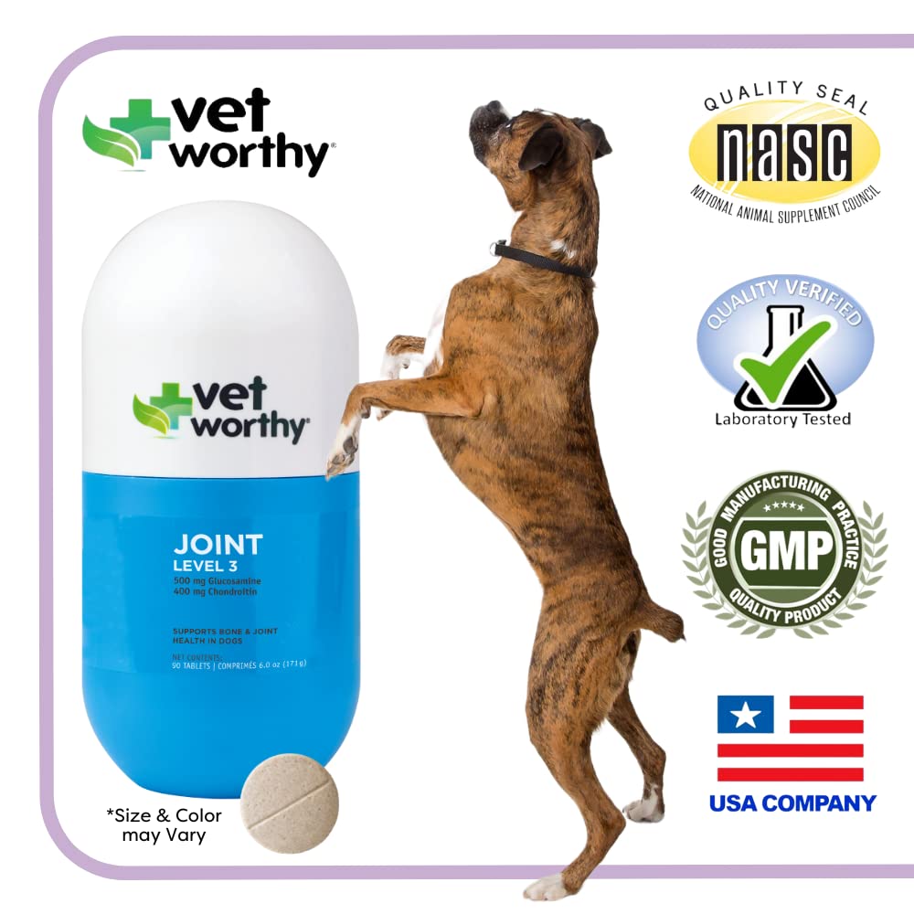 Vet Worthy Joint Support Level 3 - Chewable Tablet to Support Bone Health and Healthy Joints - Dog Supplement with Glucosamine, MSM, Hyaluronic Acid, Advanced Joint Care - Liver Flavor, 90-Count