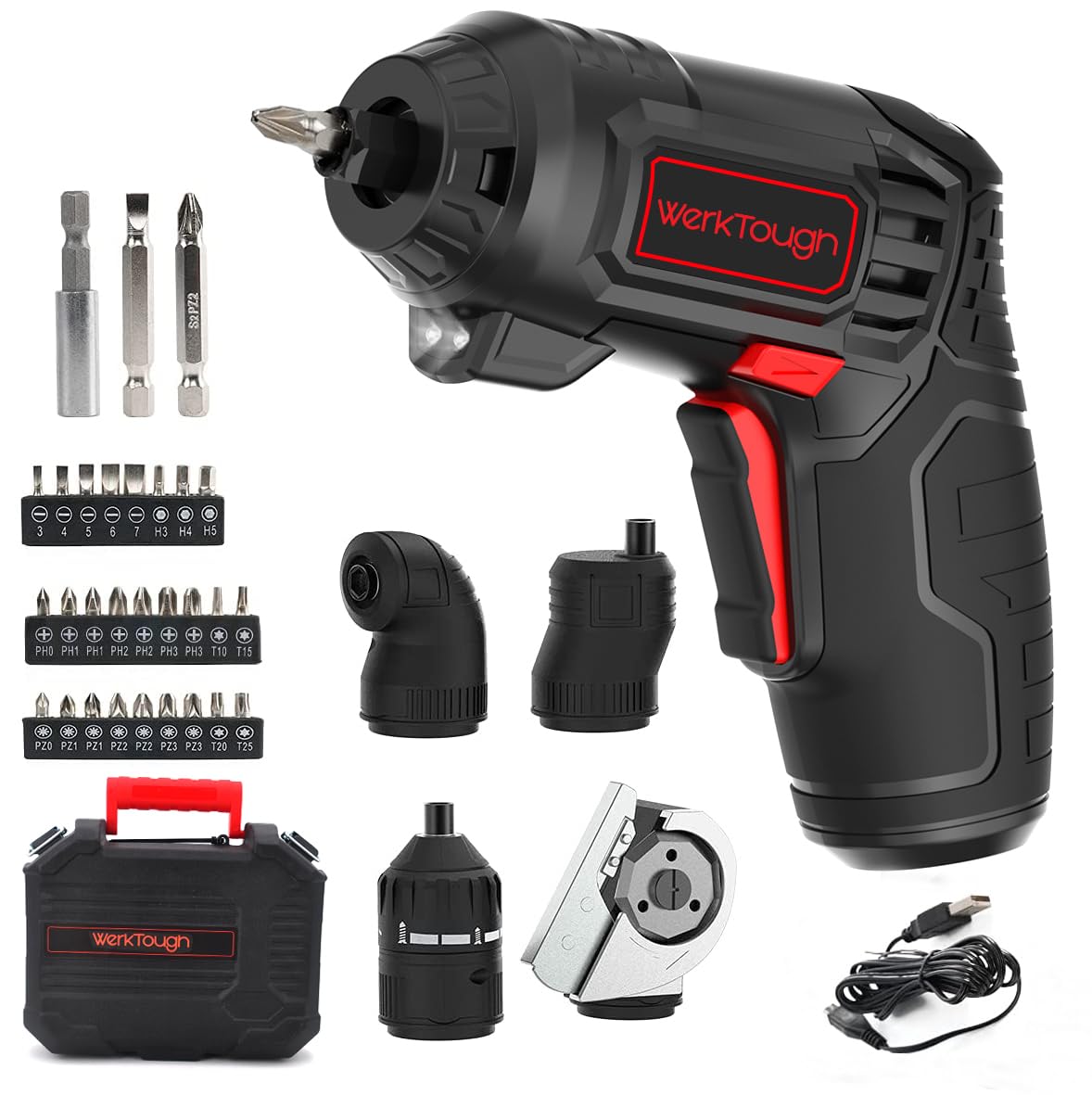 Werktough 4V Cordless Screwdriver Rechargeable 1500mAh Electric Screwdriver Set with 4 Changeable Heads for Cutting 90°Conversion Eccentric and Torque Adjustable Quick USB Charger