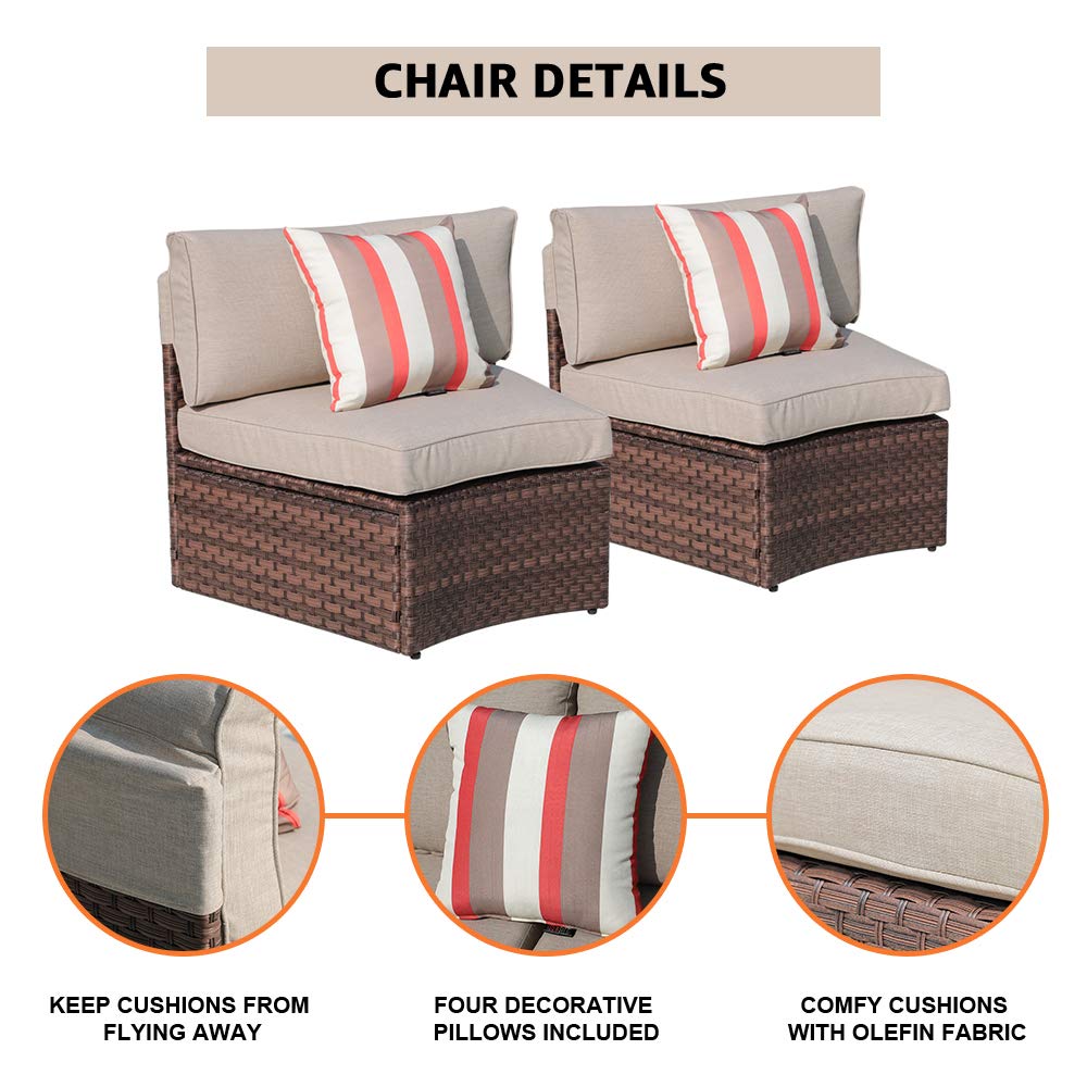 SUNSITT 7 Pieces Patio Furniture Set Outdoor Half-Moon Sectional Set with Waterproof Sofa Cover, Brown PE Wicker & Beige Cushion