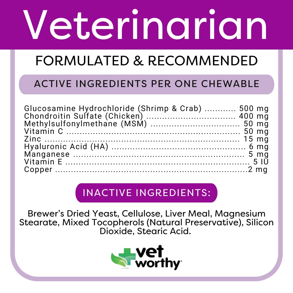 Vet Worthy Joint Support Level 3 - Chewable Tablet to Support Bone Health and Healthy Joints - Dog Supplement with Glucosamine, MSM, Hyaluronic Acid, Advanced Joint Care - Liver Flavor, 90-Count