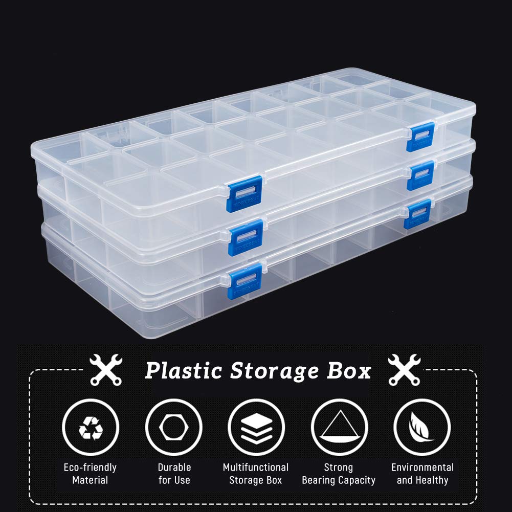 BENECREAT 3 Packs 24 Grids Large Transparent Plastic Storage Box Organizer with Adjustable Dividers for Beads, Jewelry and Other Craft Accessories - 12.8x6.2x1.2 Inches