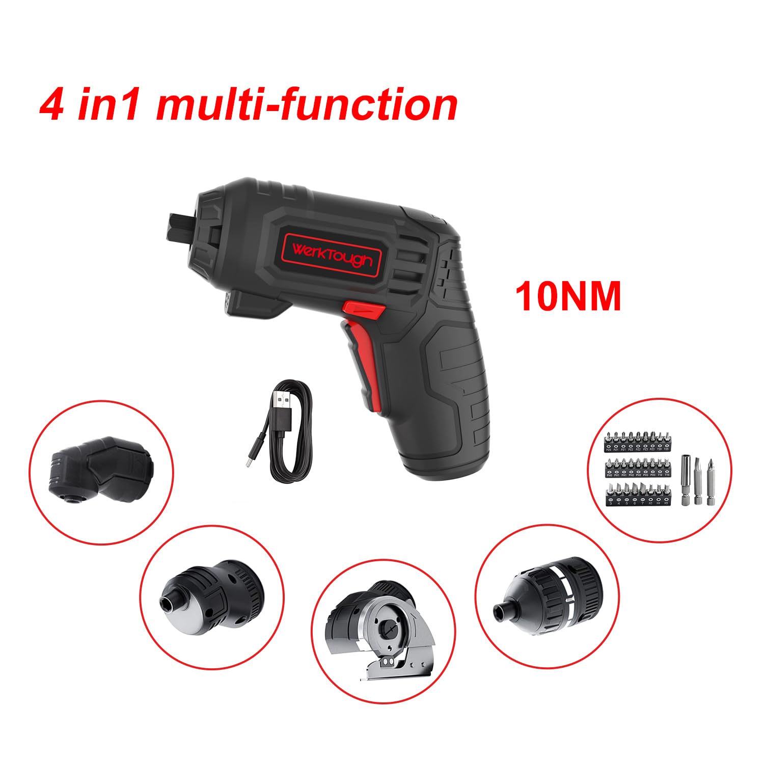 Werktough 4V Cordless Screwdriver Rechargeable 1500mAh Electric Screwdriver Set with 4 Changeable Heads for Cutting 90°Conversion Eccentric and Torque Adjustable Quick USB Charger