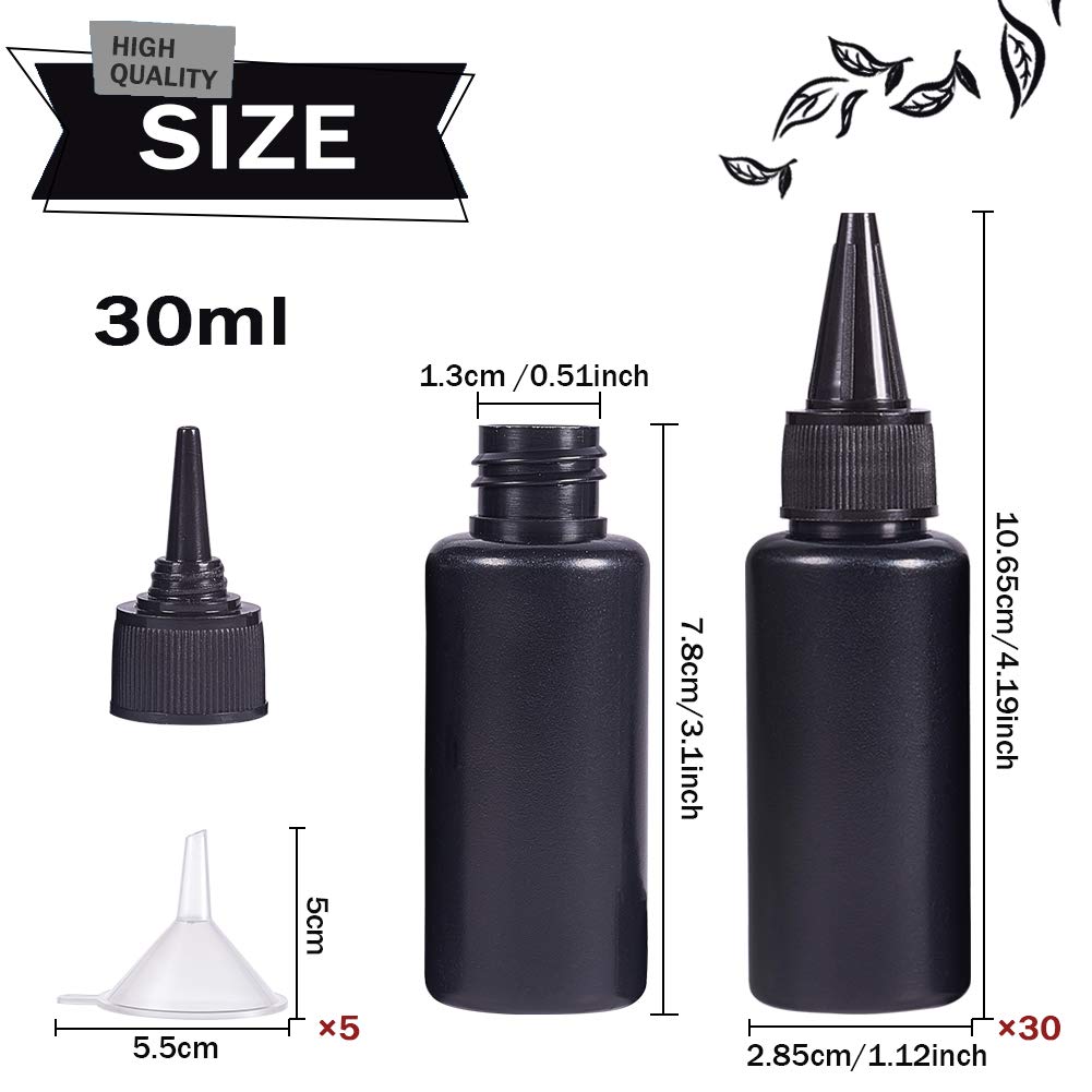 BENECREAT 30 Packs 1oz Black Plastic Squeeze Dispensing Bottles UV Glue Bottles with Caps, 5PCS Funnel Hoppers for UV Resin, DIY Crafts, Glue, Liquids