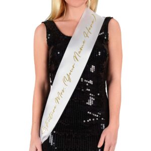 Andaz Press Bachelorette Party Sash, Bride Party Sash, Wedding Party Sash Future Mrs. [Your Name Here], Gold Foil Custom Personalized Name Text, Satin White Ribbon, Includes Diamond Pin