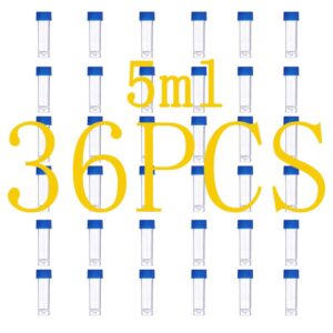 36PCS Cryo Tubes 5ml, Plastic Small vials with Screw caps Sample Tubes,PP Material ，with Silica Gel Gasket，Free from DNase, RNase, Human DNA