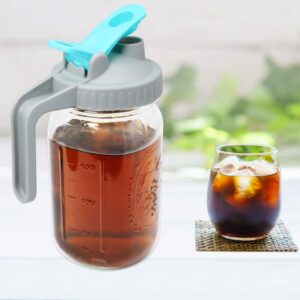 Mason Jar Pitcher 32 Oz Wide Mouth With Handle And Pour Spout Lids, Leak Proof 1 Quart Glass Pitchers With Flip Cap Airtight Water Jug For Cold Brew Coffee Sun Tea Lemonade Milk