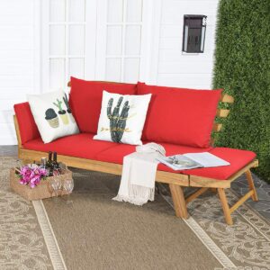 Tangkula Acacia Wood Patio Convertible Couch Sofa Bed with Adjustable Armrest, Outdoor Daybed with Cushion & Pillow, Folding Chaise Lounge Bench Ideal for Porch Courtyard Poolside (Red)