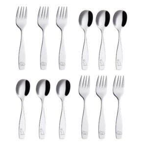 annova children's flatware 12 pieces set - stainless steel silverware 6 x safe forks, 6 x dinner spoons - kids toddler utensils lunch box (engraved dinosaurs t-rex, triceratops)