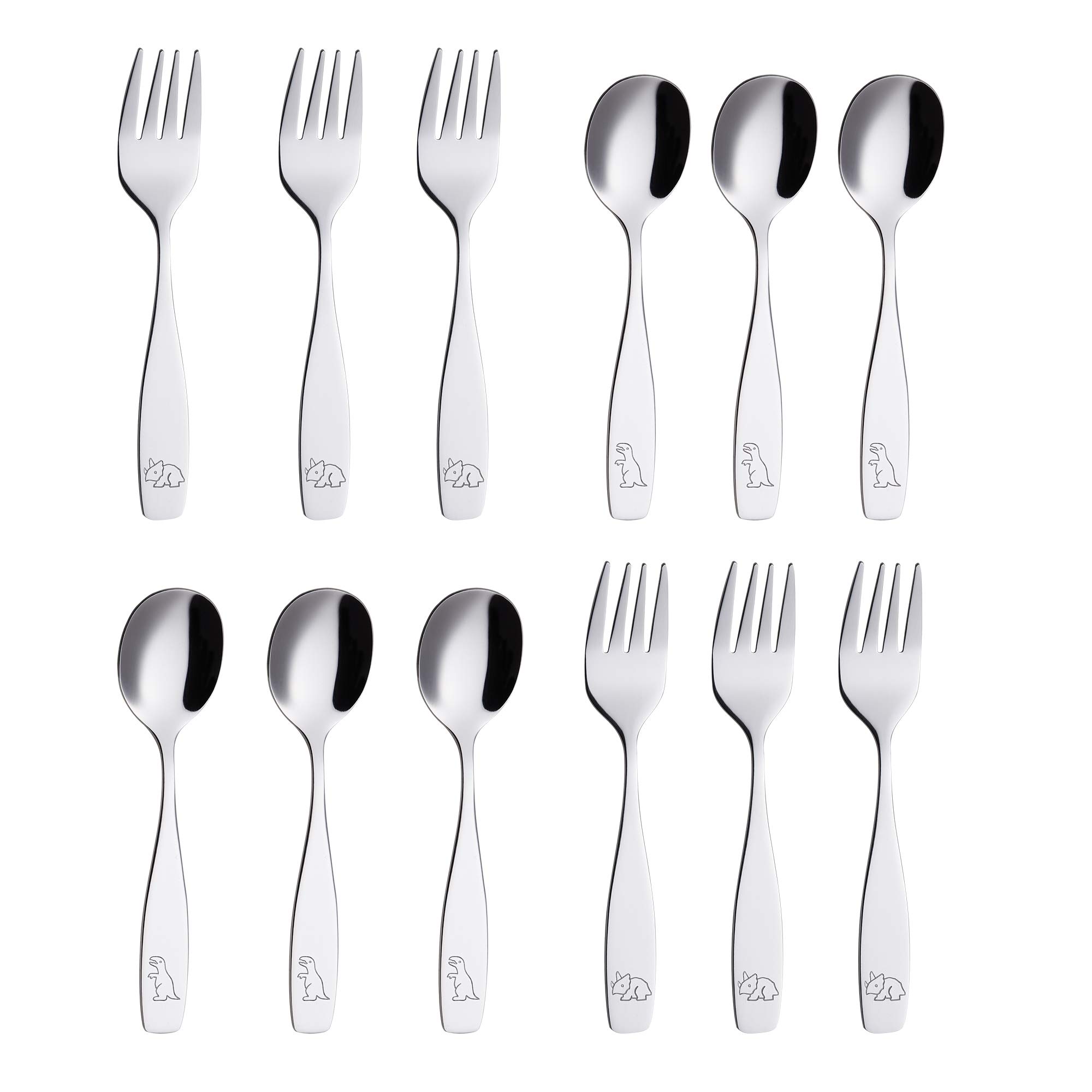 ANNOVA Children's Flatware 12 Pieces Set - Stainless Steel Silverware 6 x Safe Forks, 6 x Dinner Spoons - Kids Toddler Utensils Lunch Box (Engraved Dinosaurs T-Rex, Triceratops)