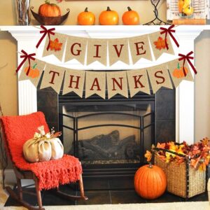 Give Thanks Burlap Banners Thanksgiving Decorations | Rustic Thanksgiving Turkey Pumpkin Burlap Garland | Thanksgiving Day Party Supplies - 2 Strings, NO DIY Fireplace Mantle Home Decoration