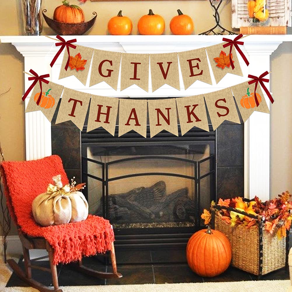 Give Thanks Burlap Banners Thanksgiving Decorations | Rustic Thanksgiving Turkey Pumpkin Burlap Garland | Thanksgiving Day Party Supplies - 2 Strings, NO DIY Fireplace Mantle Home Decoration