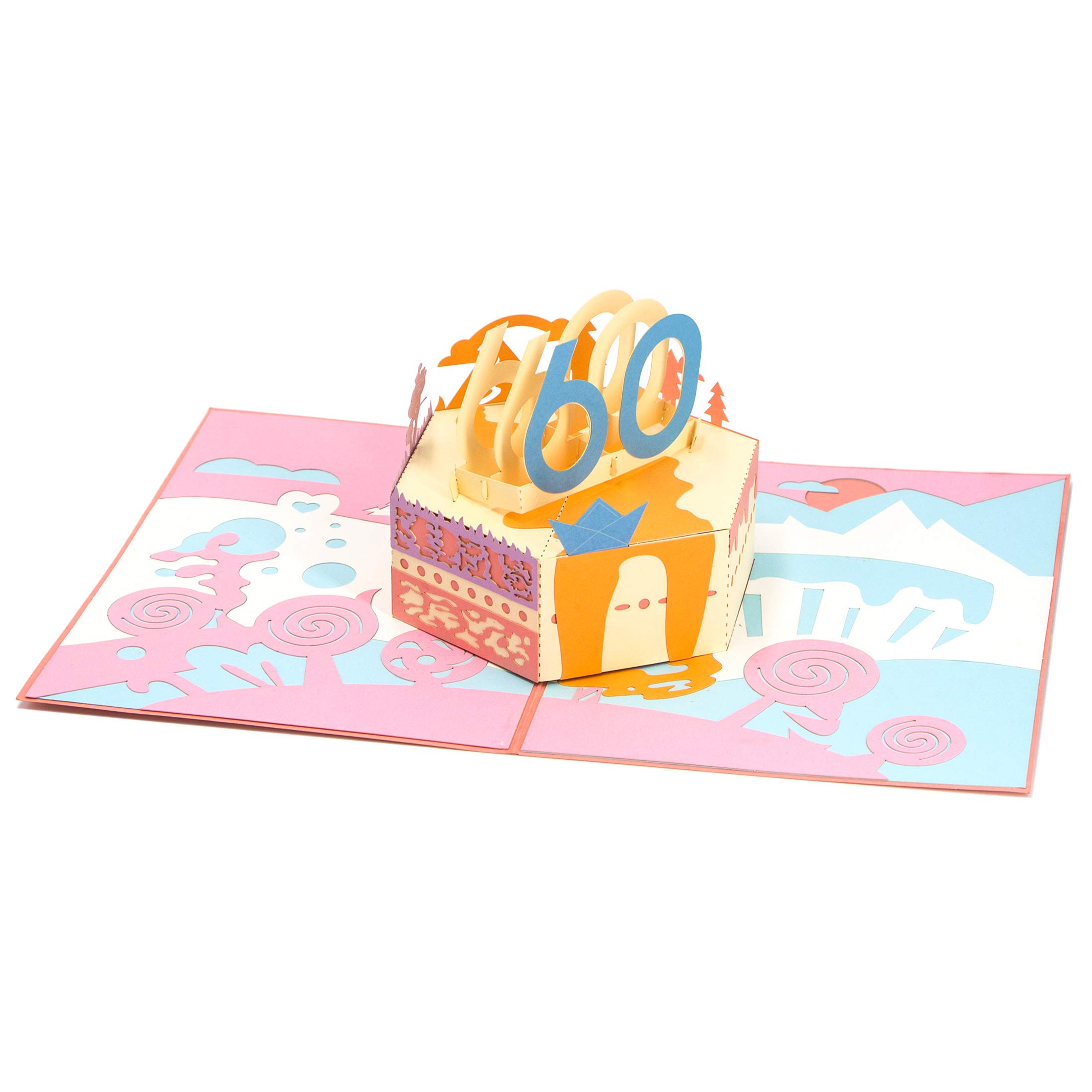 Ribbli 60th Birthday Card, Birthday Cake Handmade 3D Pop Up Card, Pop Up Birthday Card, 60 Birthday Card, with Envelope