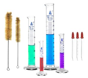 eisco graduated cylinder set, 9 pieces - class b - 5ml, 10ml, 50ml, 100ml thick borosilicate 3.3 glass cylinders, 3 glass droppers, 2 cleaning brushes