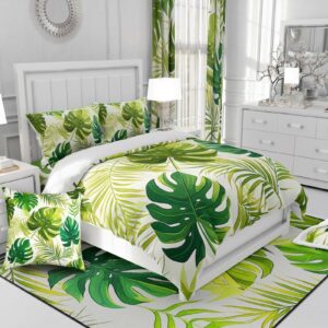 Erosebridal Botanical Leaves Comforter Cover Tropical Bedding Tree Duvet Cover Set Queen Size Green Palm Leaves Bedclothes Jungle Branches Leaf Duvet Cover+ 2 Pillow Shams for Kids Adult Room Decor