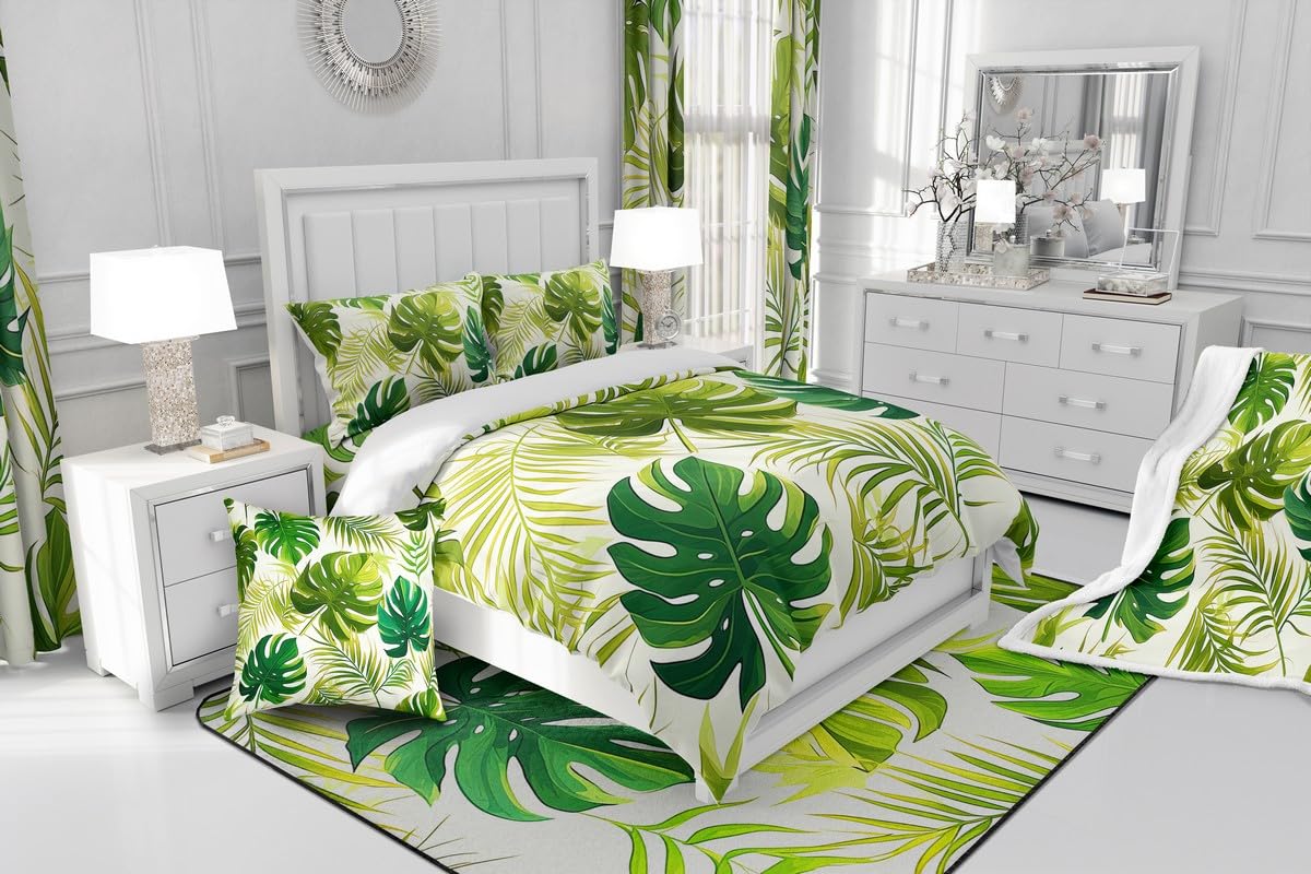 Erosebridal Botanical Leaves Comforter Cover Tropical Bedding Tree Duvet Cover Set Queen Size Green Palm Leaves Bedclothes Jungle Branches Leaf Duvet Cover+ 2 Pillow Shams for Kids Adult Room Decor