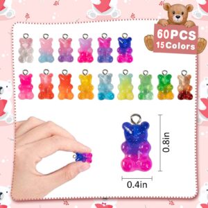 60pcs Gradient 3D Gummy DIY Bear Charms- Resin Bear Shaped Clay Pendants in 15 Colors Earring Bracelet Nacklace DIY Jewelry Making Pendants Nail Art Accessory for Adults DIY Handmade Crafting Gifts