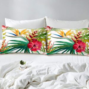 Tropical Tree Plant Duvet Cover Set Queen Size with Zipper Closure, Watercolor Red Hibiscus Flower Pattern Printed Comforter Cover,Palm Leaves Bedding Sets with 2 Pillow Cases,Soft,Green Pink