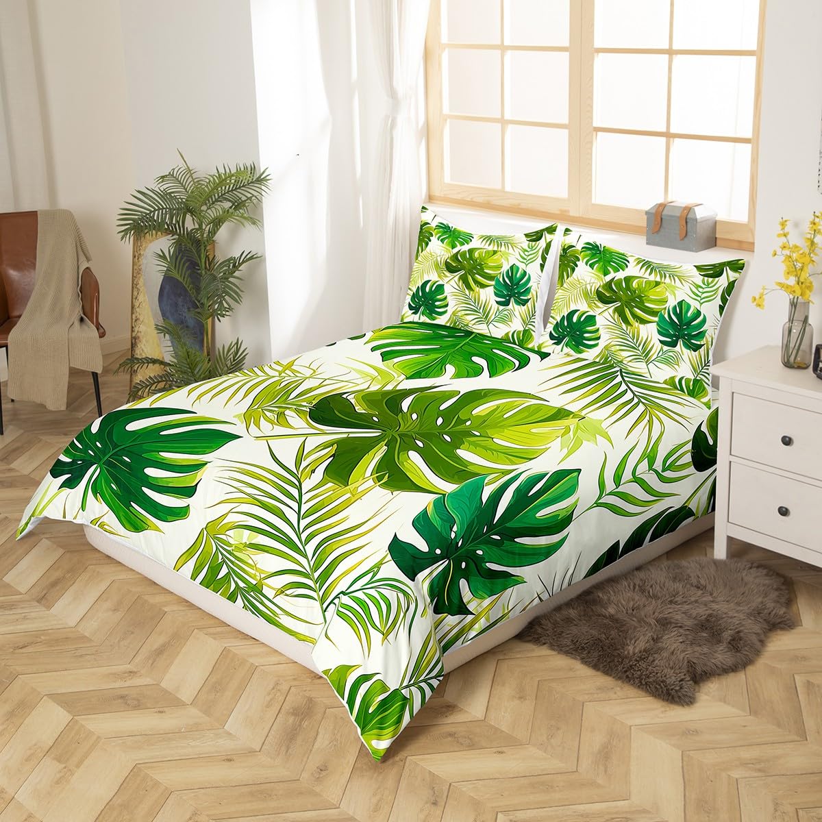 Erosebridal Botanical Leaves Comforter Cover Tropical Bedding Tree Duvet Cover Set Queen Size Green Palm Leaves Bedclothes Jungle Branches Leaf Duvet Cover+ 2 Pillow Shams for Kids Adult Room Decor