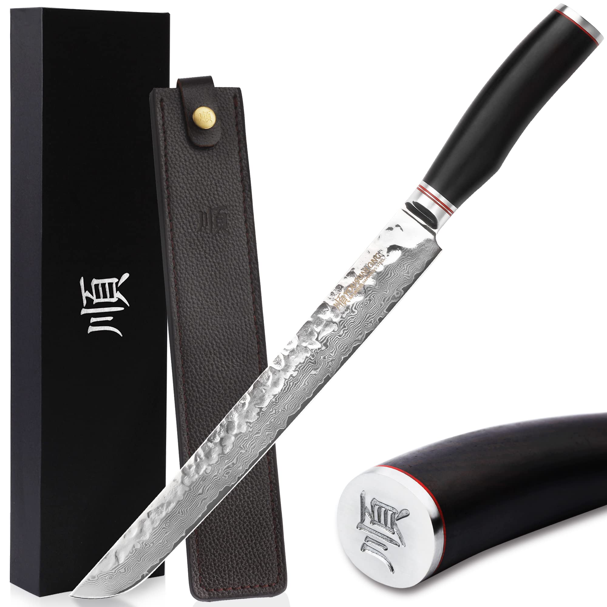 YOUSUNLONG Max Sakimaru Knife 11'' - Japanese Damascus Steel - Sashimi Sushi Yanagiba Knife - BBQ Meat & Fish Slicing- Ebony Handle