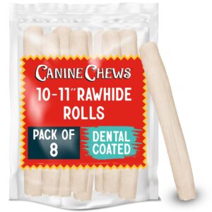 canine chews 10-11" dental coated jumbo rawhide retriever rolls (8 pack) - breath freshening & long lasting dental chews for dogs large size - teeth cleaning dog treats for aggressive chewers