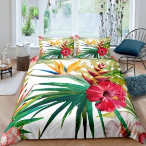 tropical tree plant duvet cover set queen size with zipper closure, watercolor red hibiscus flower pattern printed comforter cover,palm leaves bedding sets with 2 pillow cases,soft,green pink